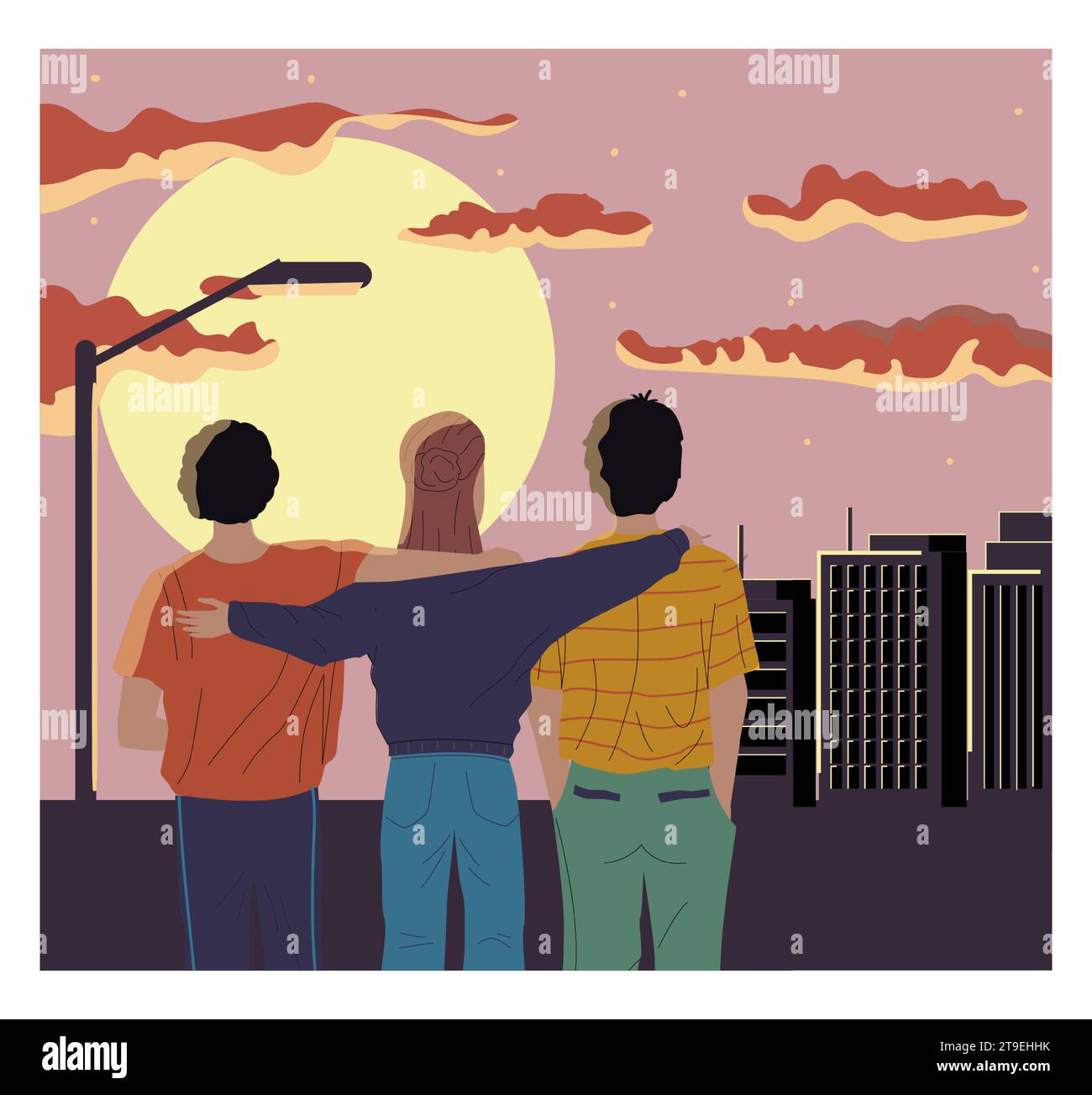 People looking forward. Friends admiring city landscape. Men and woman ...