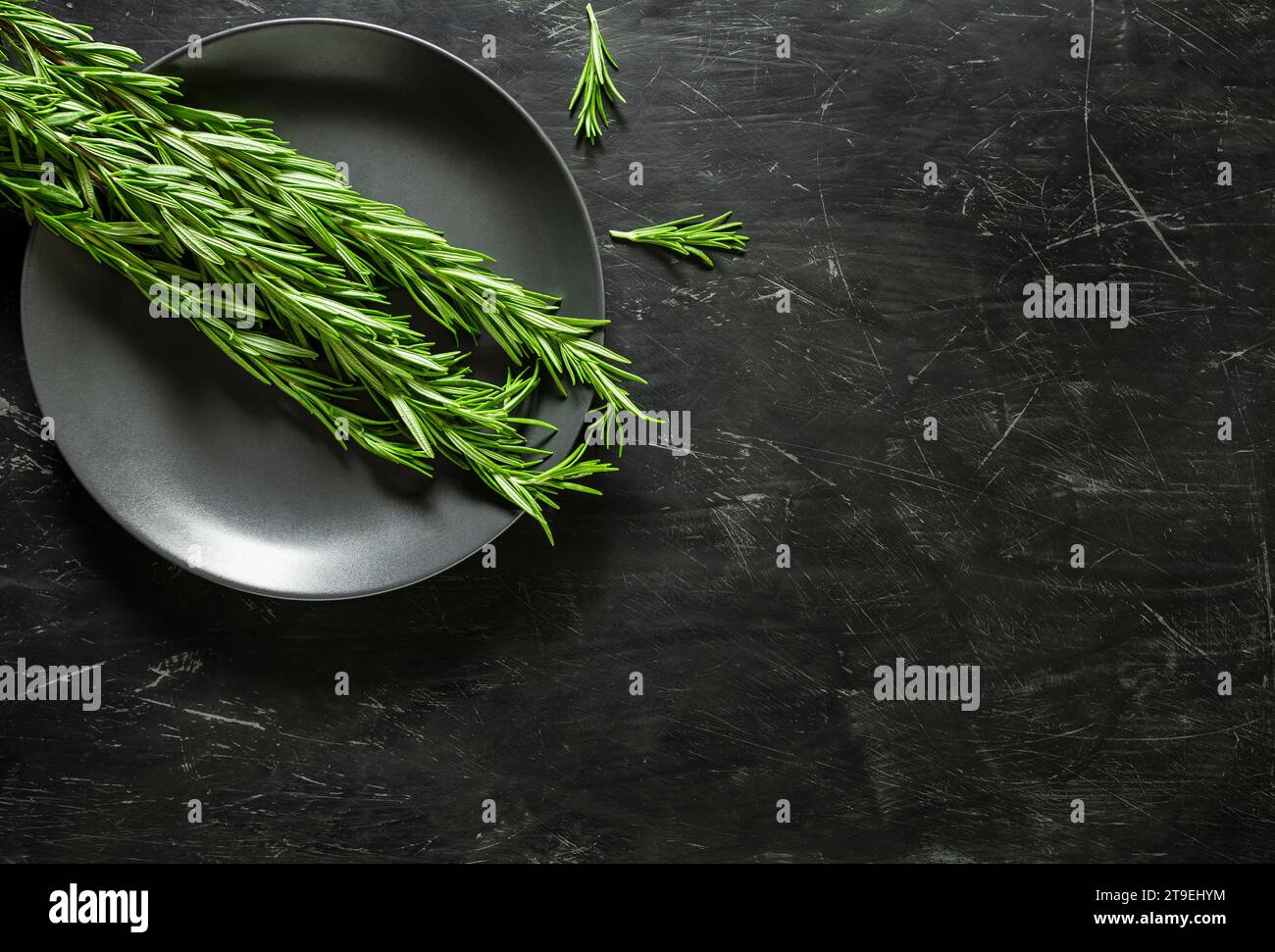 Rosemary fresh grass on dark plate. Top view dark background, with ...