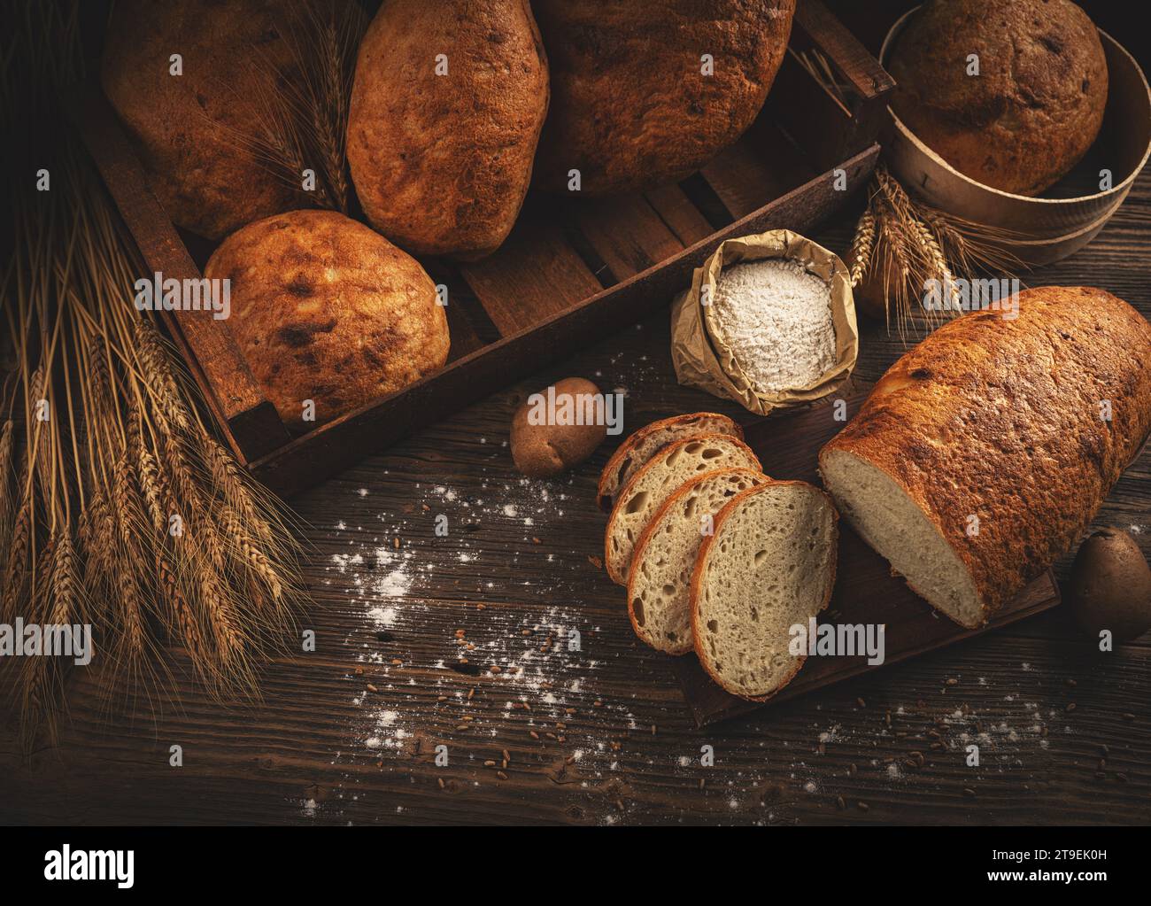 Bakery still life, gold rustic crusty loaves of bread Stock Photo - Alamy