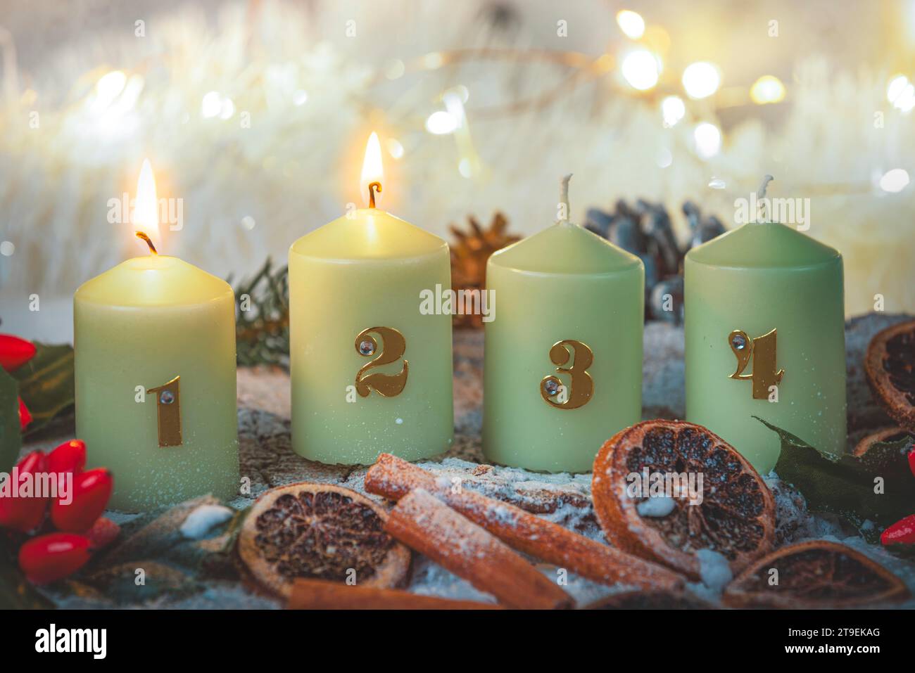 Advent candles surrounded by Christmas decorations, second Advent ...