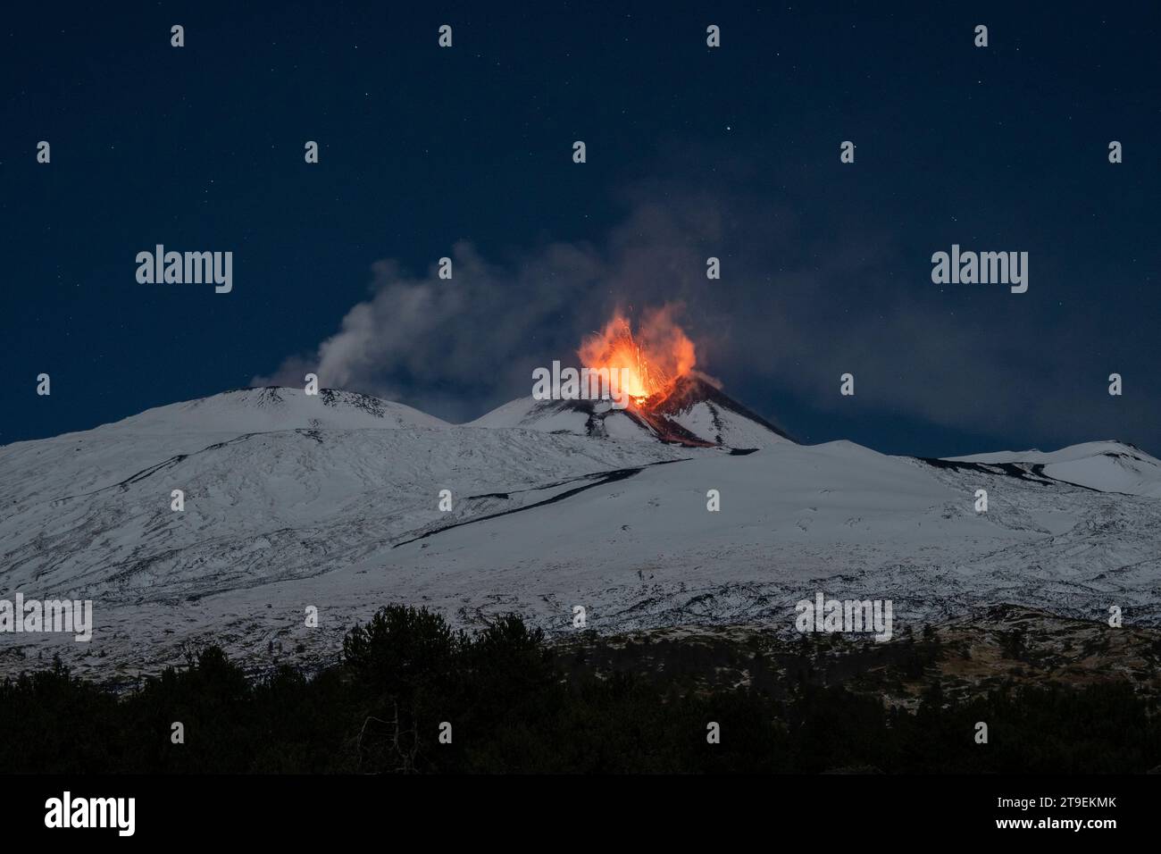 Lava erupts from snow-covered Mt Etna volcano, Sicily, Italy, early ...