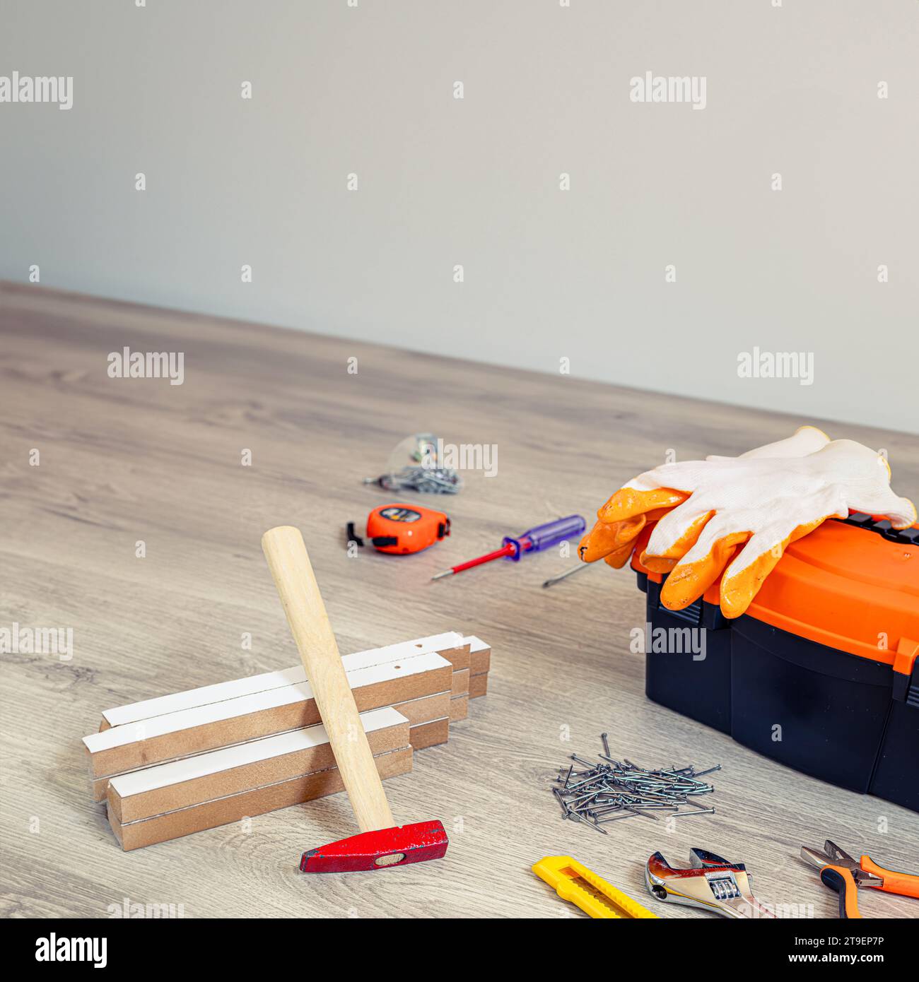 Construction and production tools with a background celebrating Happy ...