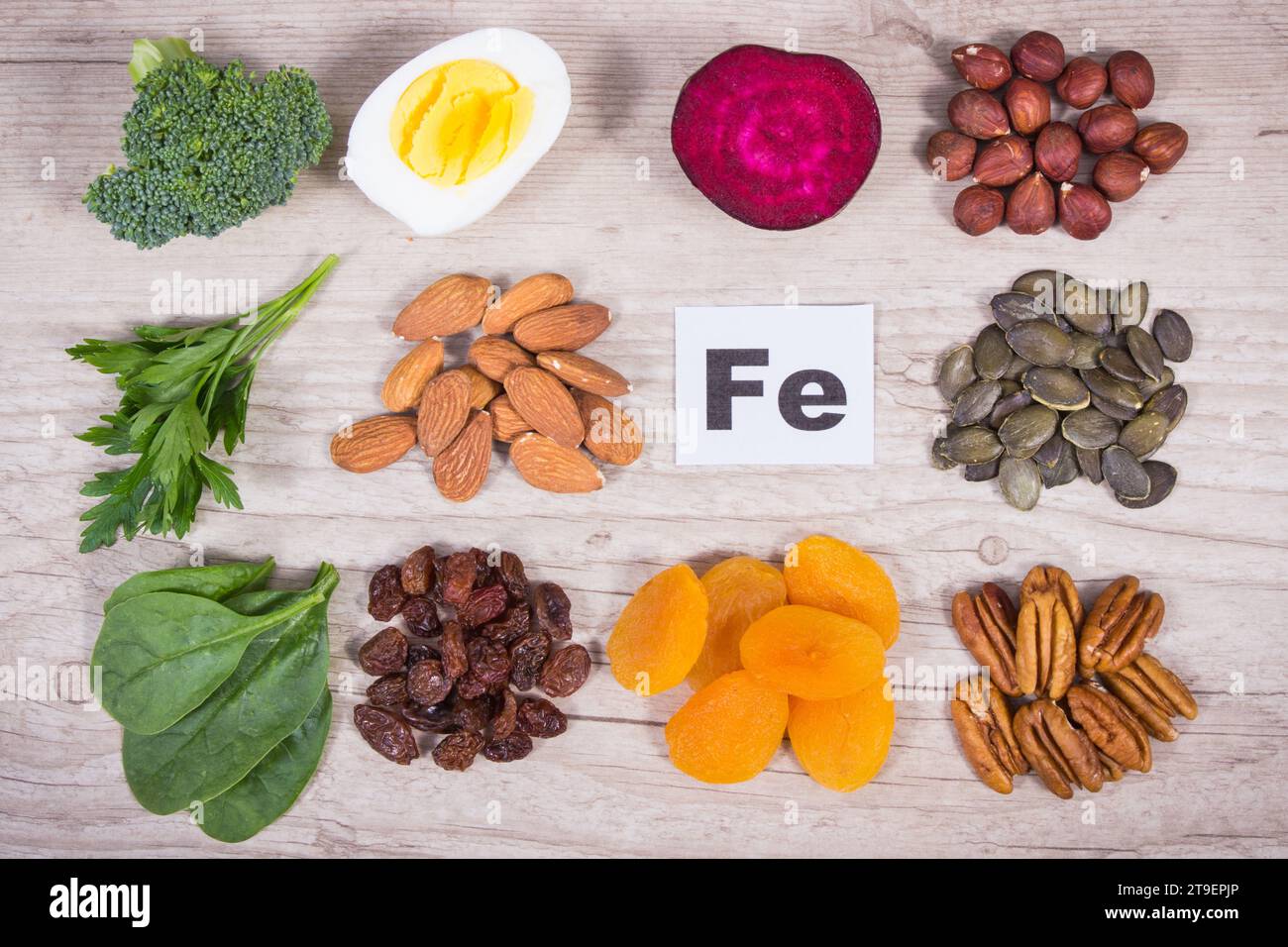 Healthy nutritious ingredients containing iron, vitamins and minerals ...