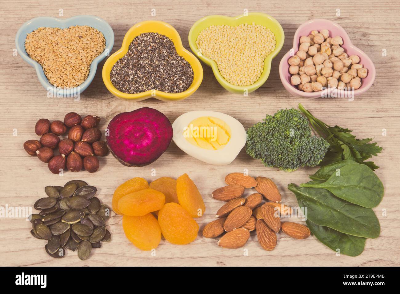 Healthy nutritious ingredients containing iron, vitamins and minerals ...