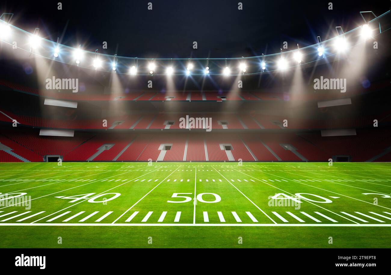 3d rendering american football field with 50 yards line in stadium ...