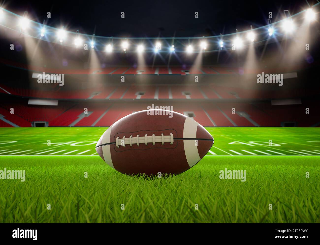 3d rendering american football balls on field in stadium Stock Photo ...