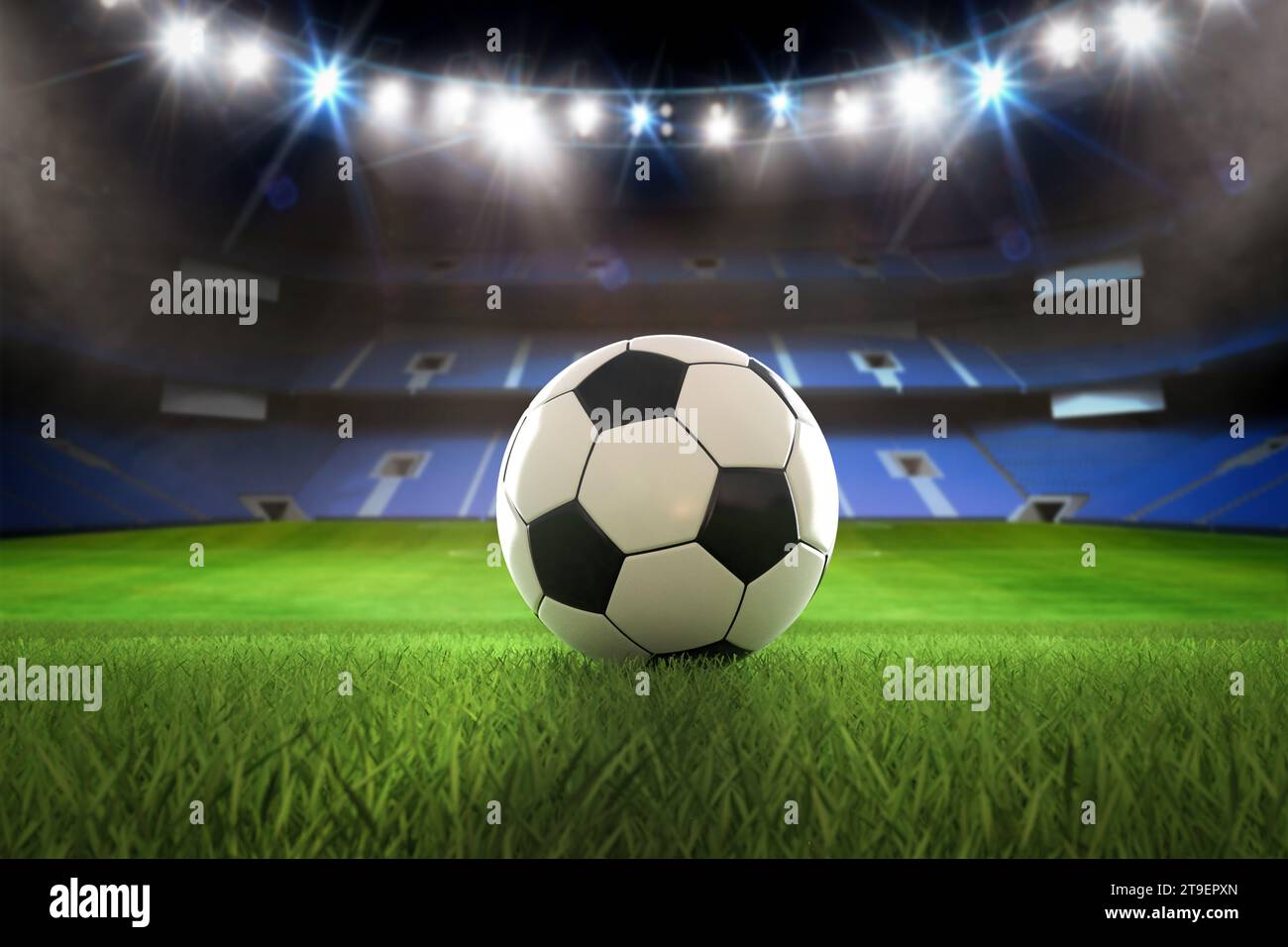 3d rendering soccer or football ball on field with soccer stadium ...