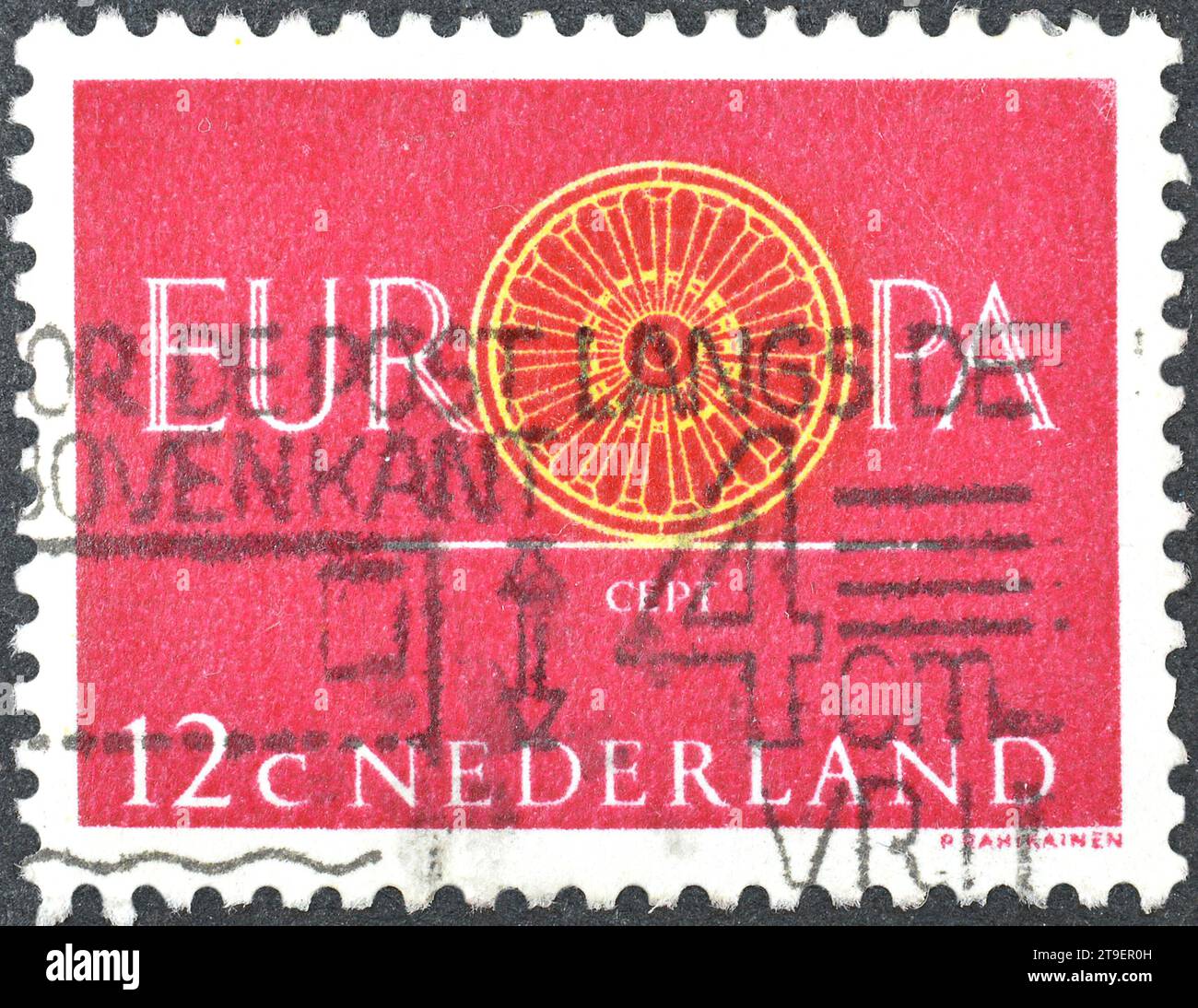 Cancelled postage stamp printed by Netherlands, that shows Wheel with ...
