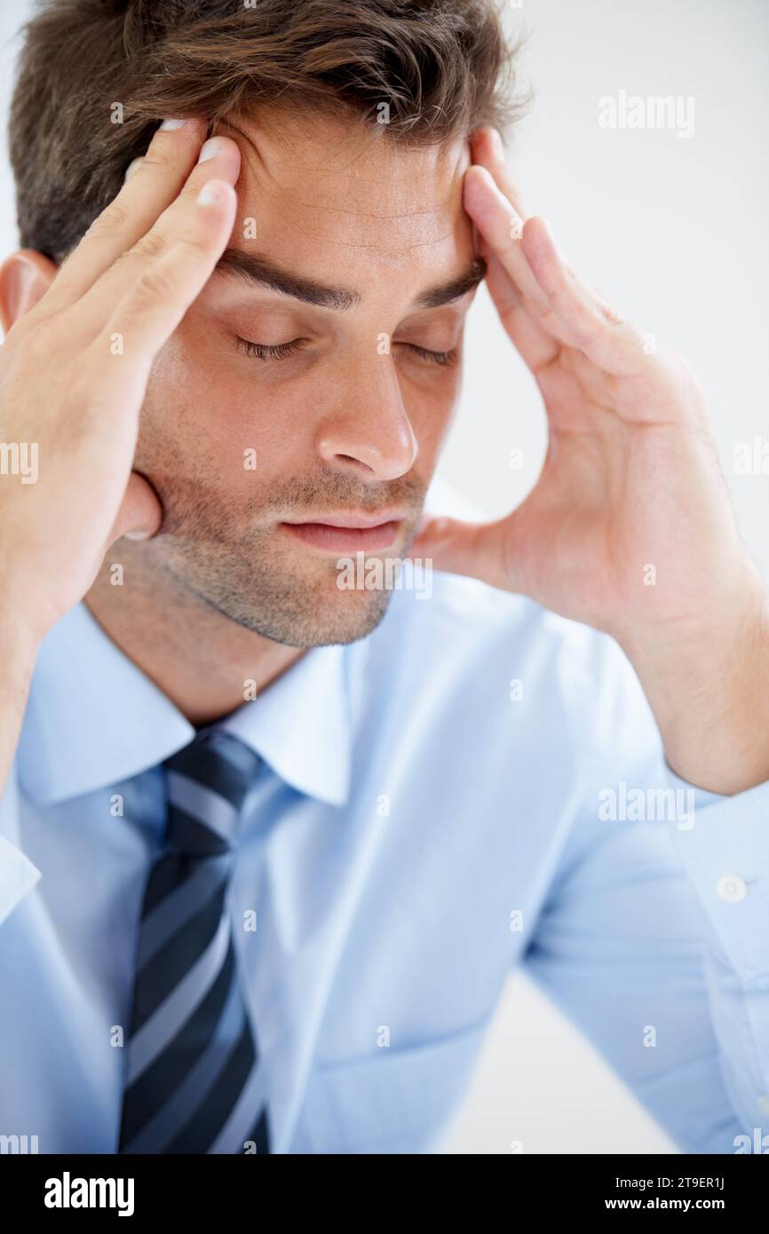 Business man, headache and pain or angry for bankruptcy, stock market ...