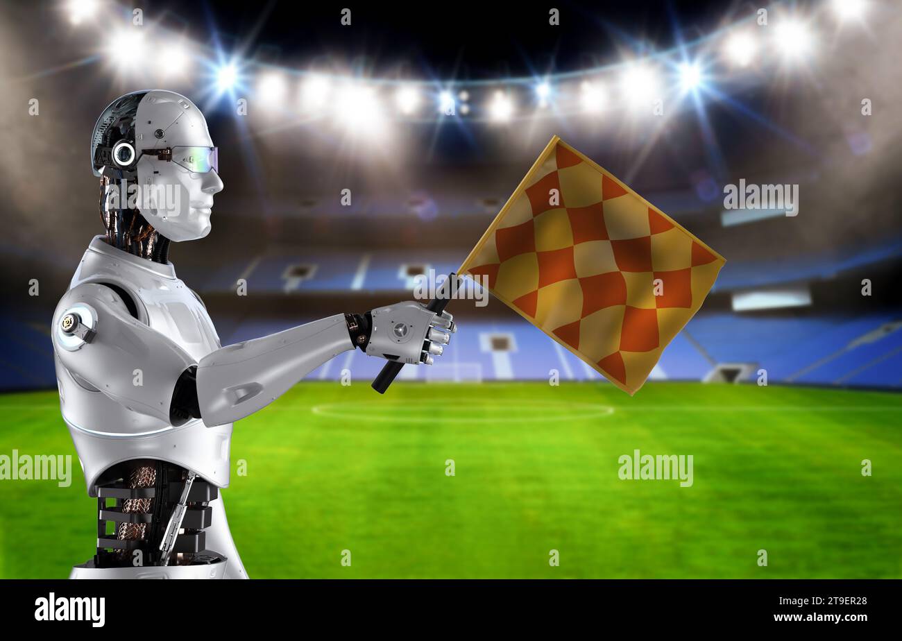 3d rendering robotic assistant for soccer or football referee holding ...