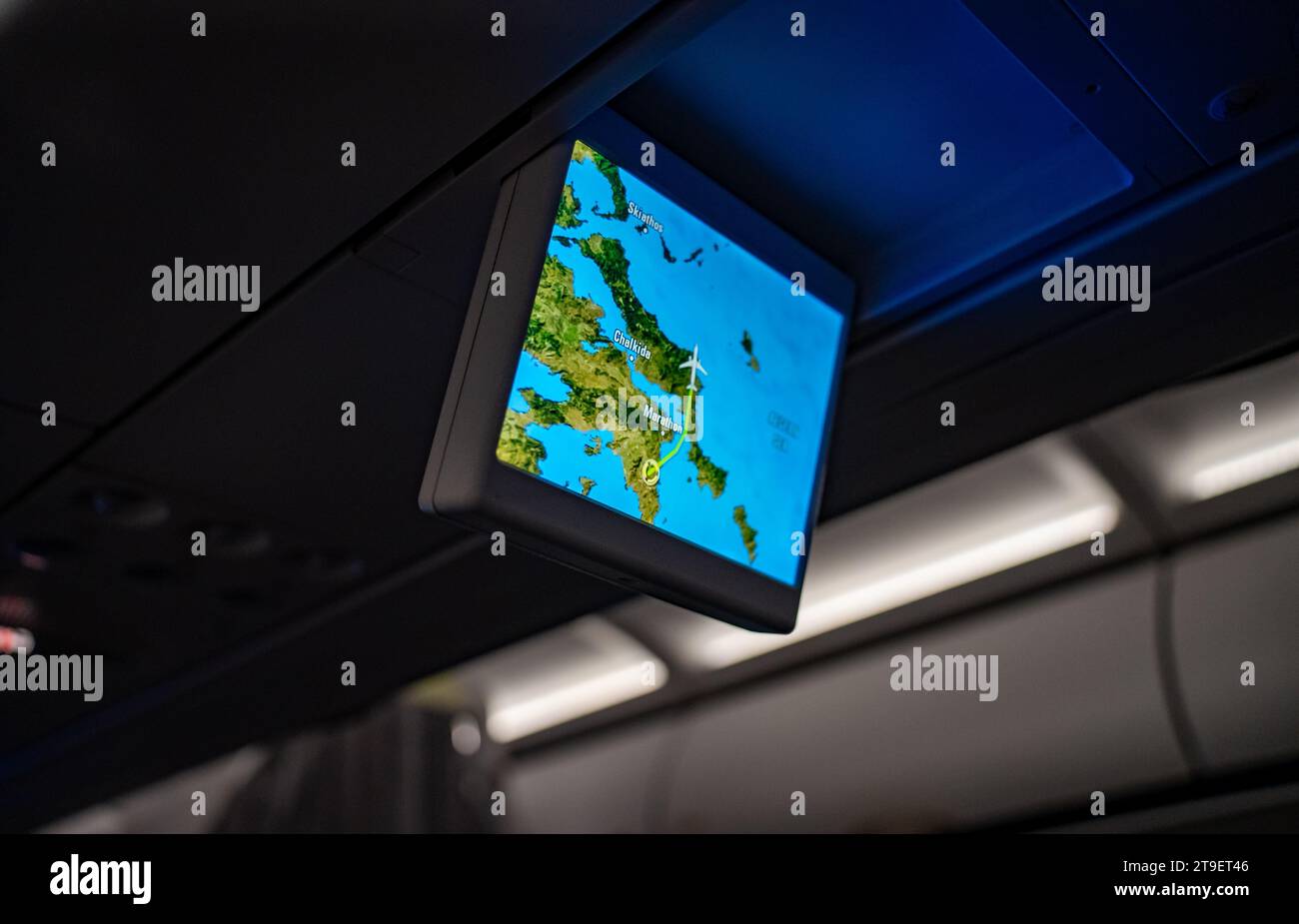 Athens, Greece - 14.06.2023: Information screen inside an Aegean ...