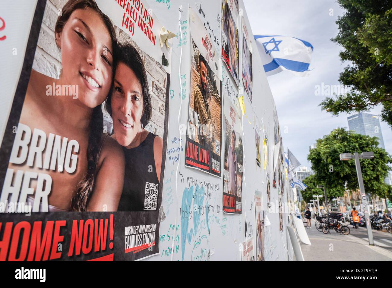 Tel Aviv, Israel. 22nd Nov, 2023. Posters featuring photographs of ...