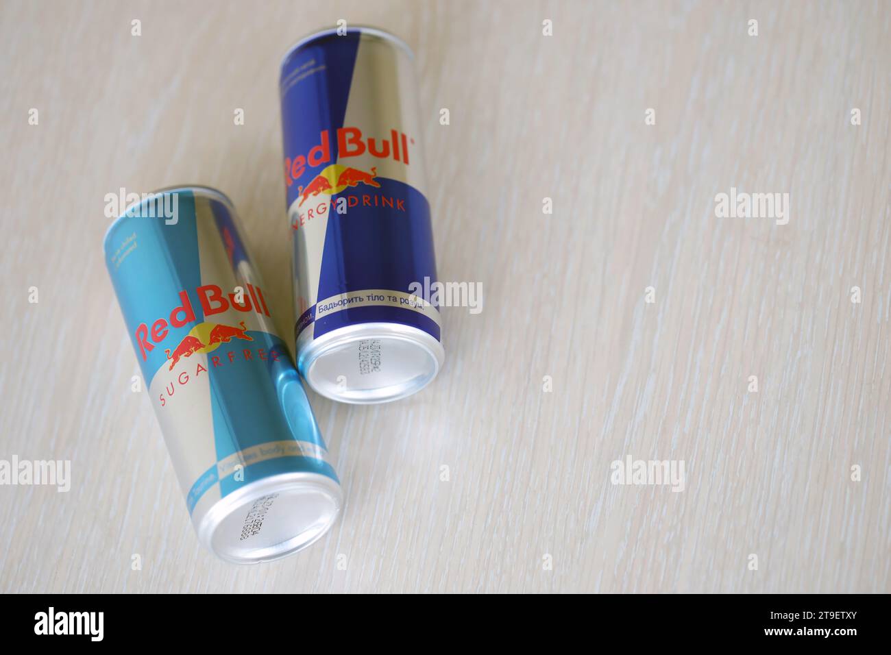 TERNOPIL, UKRAINE - JULY 7, 2023 Red Bull energy drink aluminium tin ...