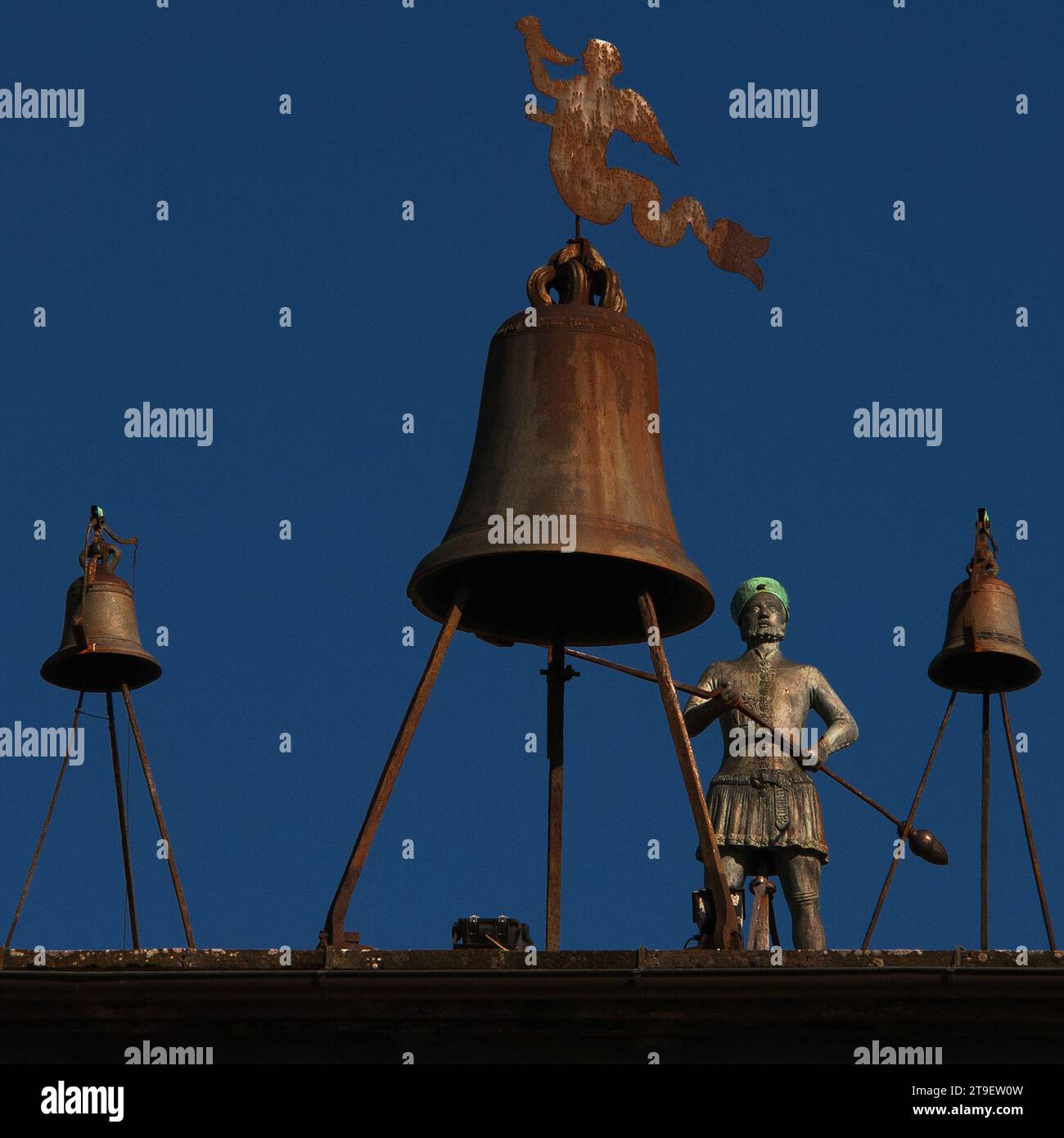 An automated bronze figure strikes the hours on a large bell that is ...