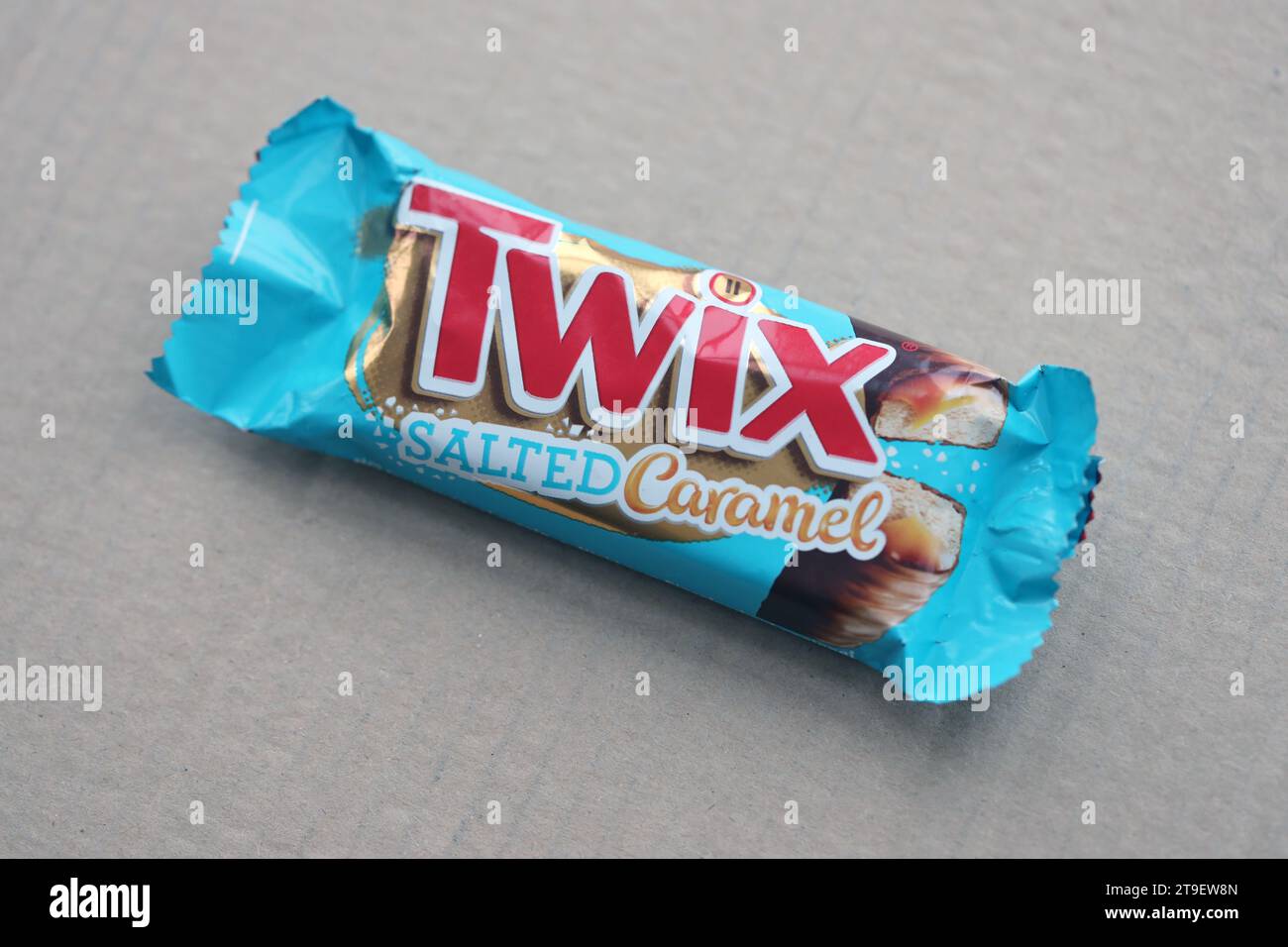 TERNOPIL, UKRAINE - JULY 7, 2023 Twix salted caramel blue wrapper on ...
