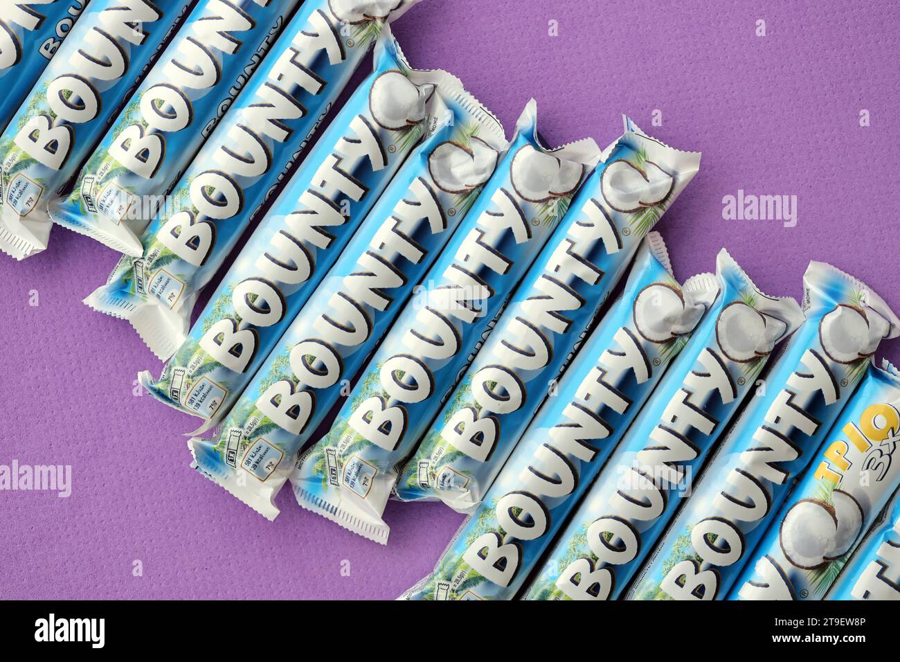 KYIV, UKRAINE - OCTOBER 31, 2023 Bounty chocolate bars with cocoa ...