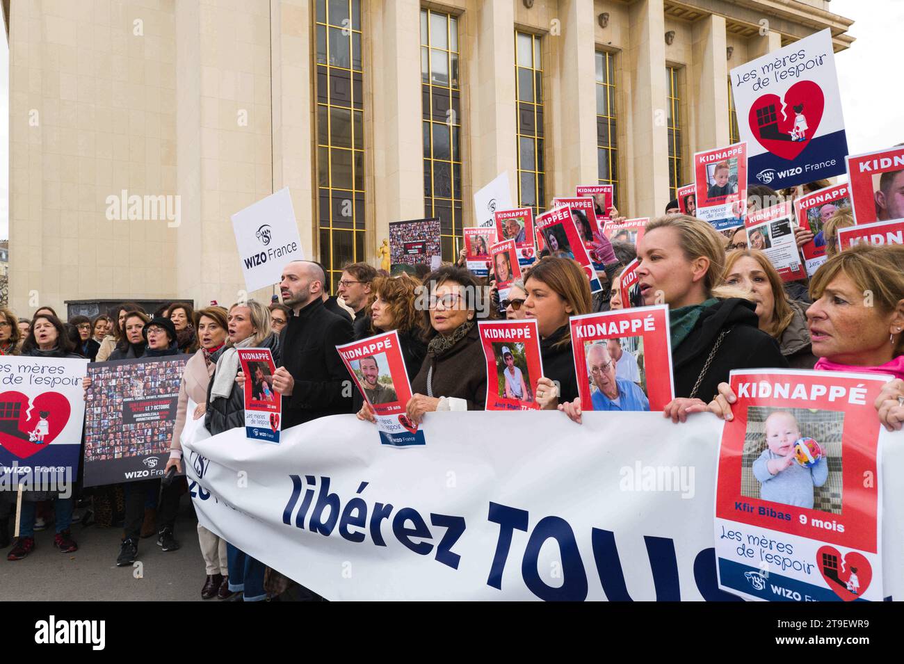 Paris, France. 25th Nov, 2023. Demonstrators with Kidnapped placards ...