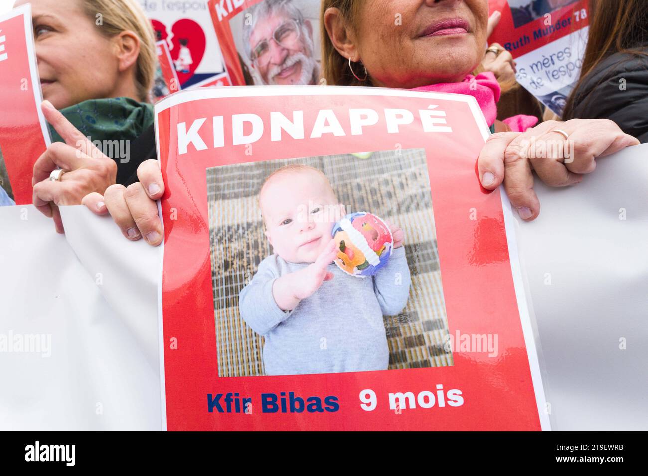 Paris, France. 25th Nov, 2023. A Kidnapped poster with a photo of a ...
