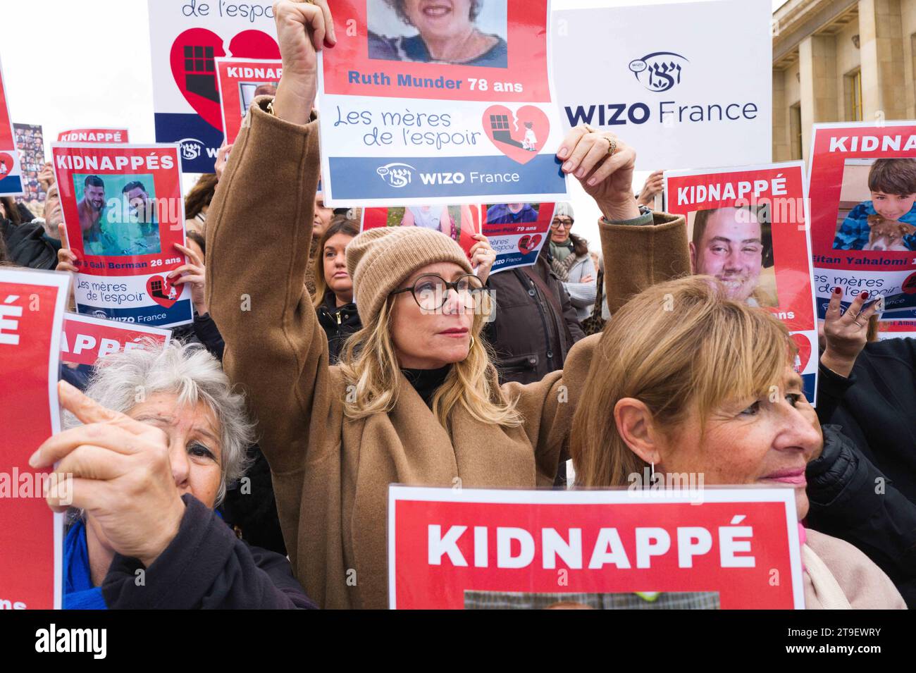 Paris, France. 25th Nov, 2023. Demonstrators with Kidnapped placards ...