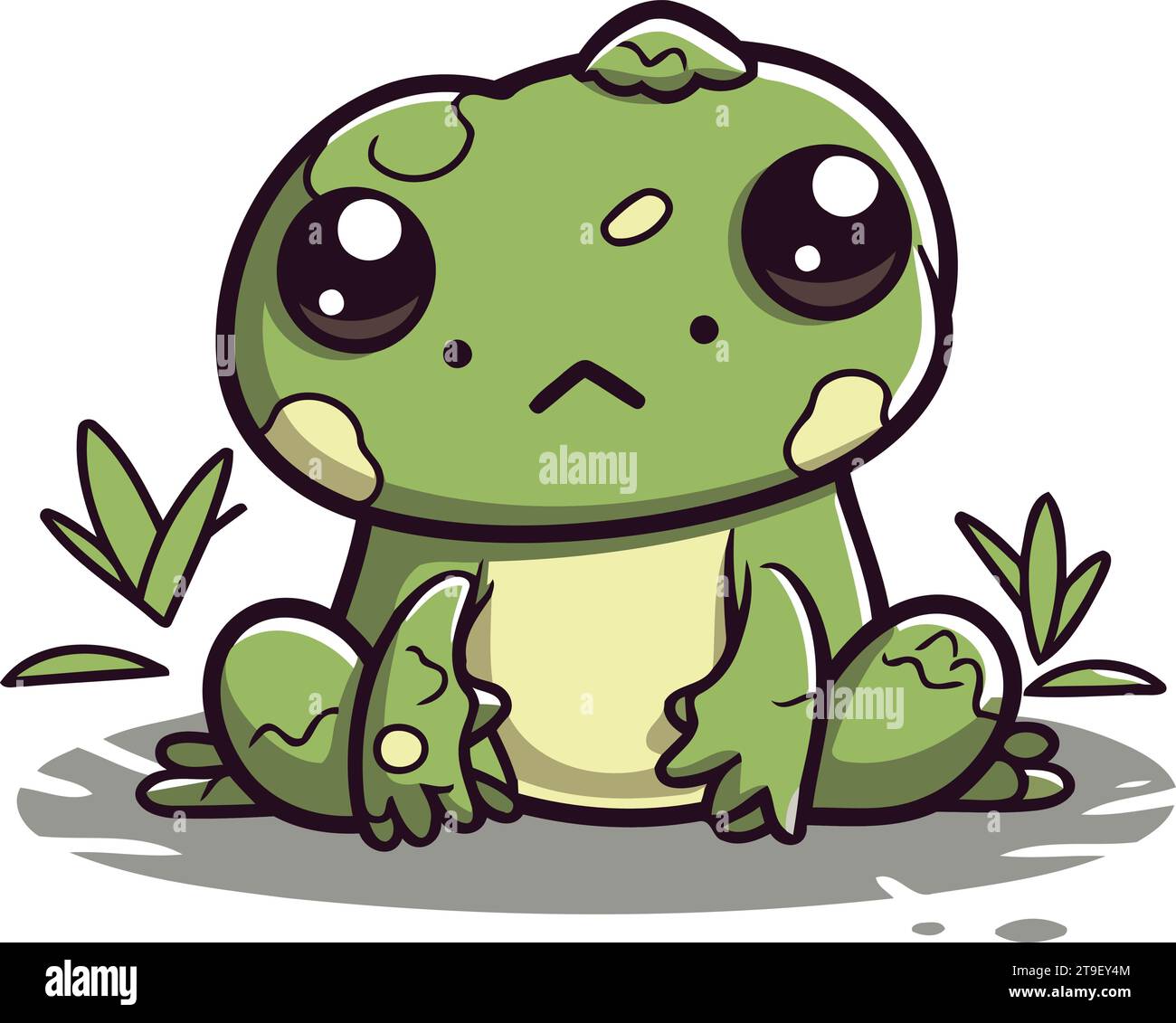 Sad frog sitting on grass isolated on white background. Vector ...