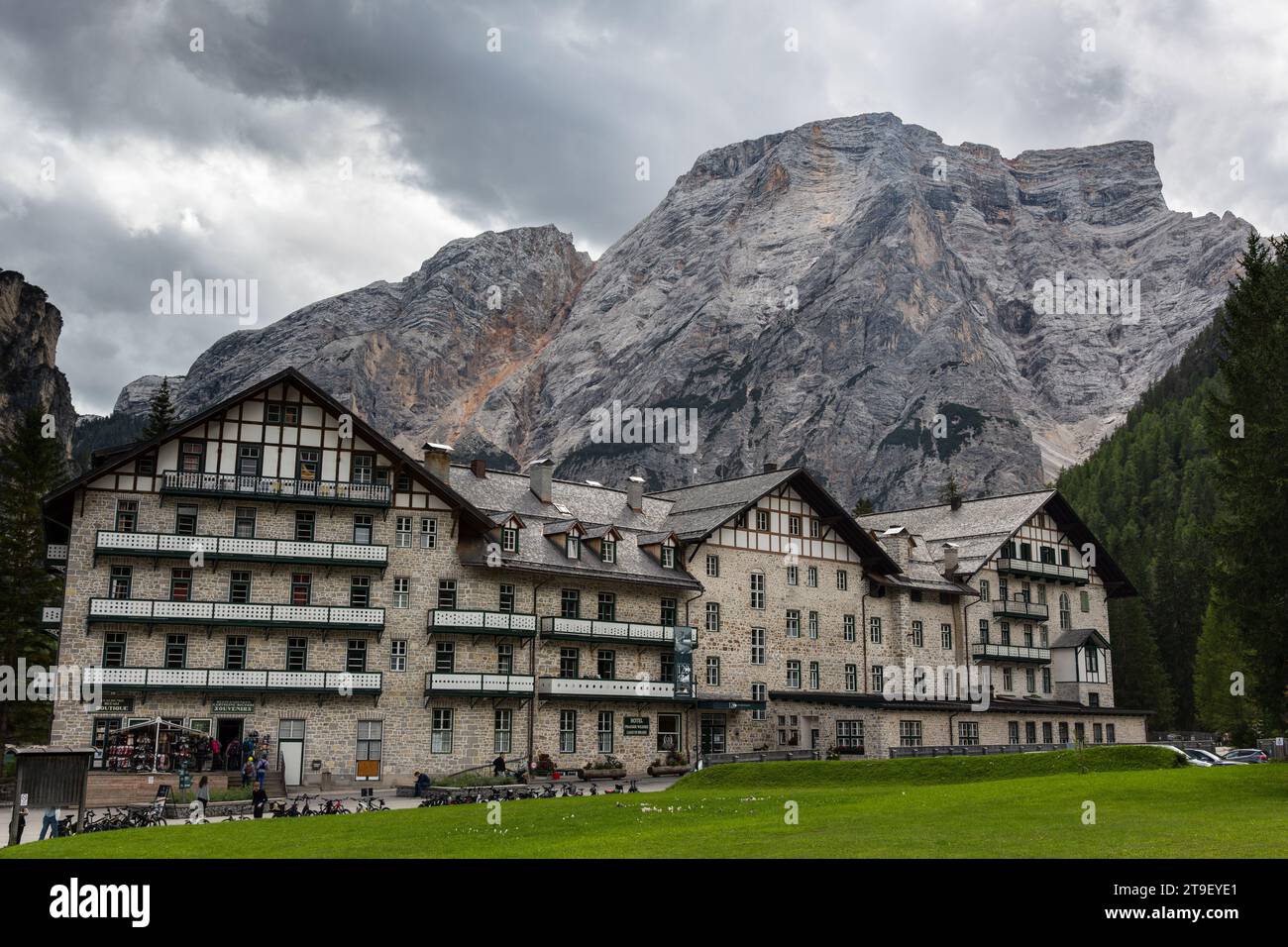 Hotel Lago di Braies with the Croda del Becco in the background ...