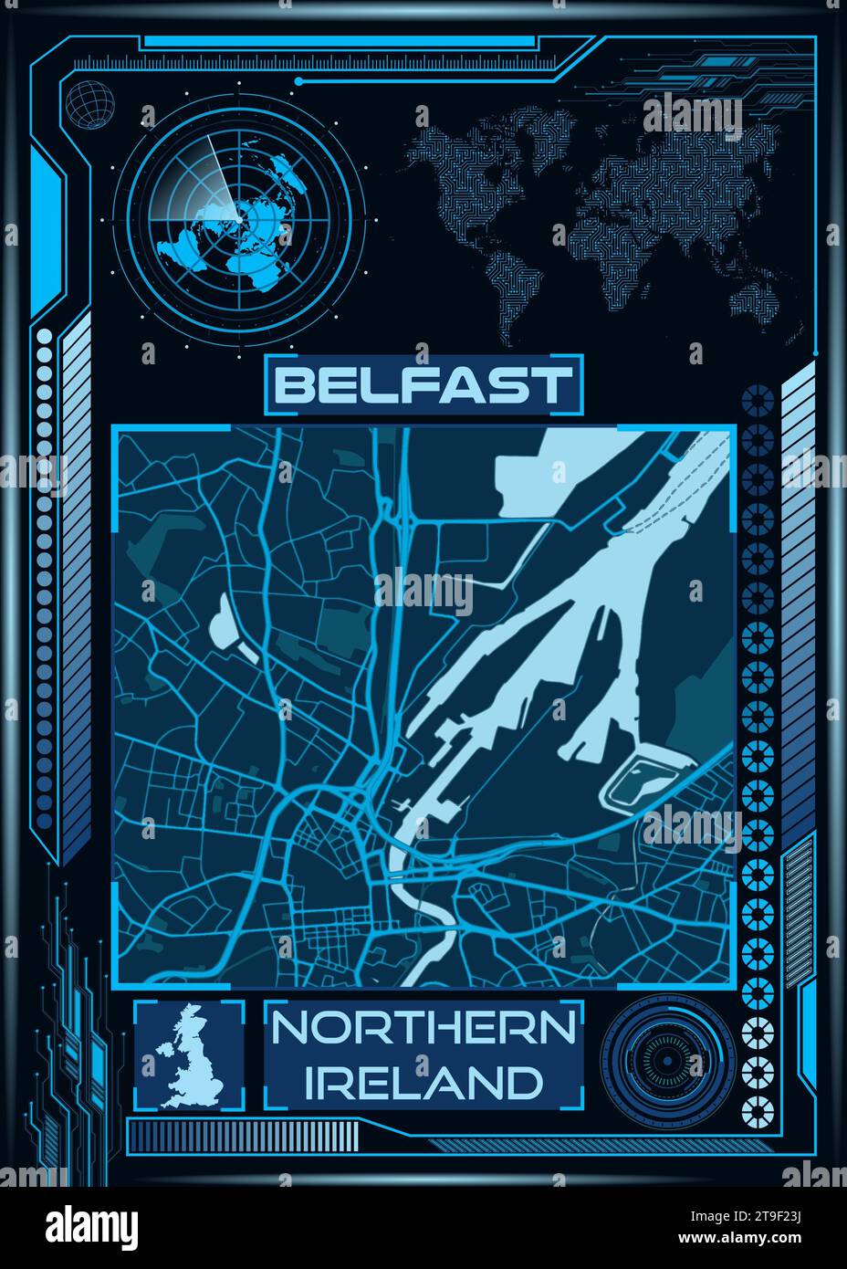 An illustration of an aerial map of Belfast, Northern Ireland, United ...