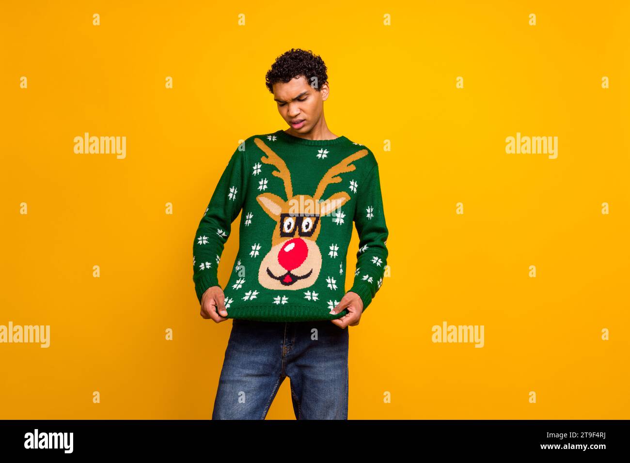 Photo of unsatisfied young person look christmas deer print sweater ...