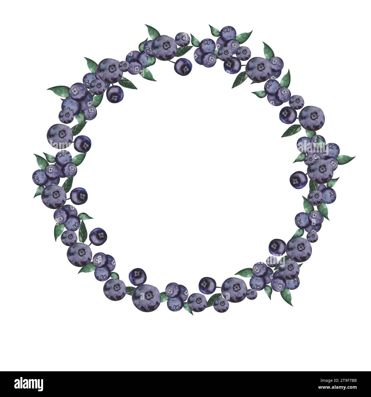 Watercolor round frame of juicy fresh blueberries. Template for cards ...