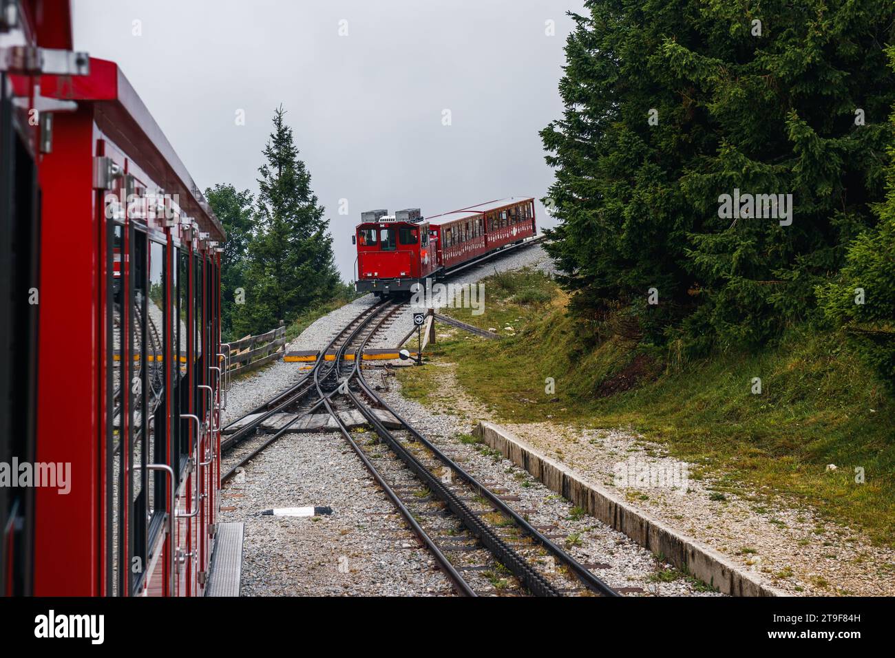 Cog railway train going to Schafberg summit. Transport in Alps mountain ...