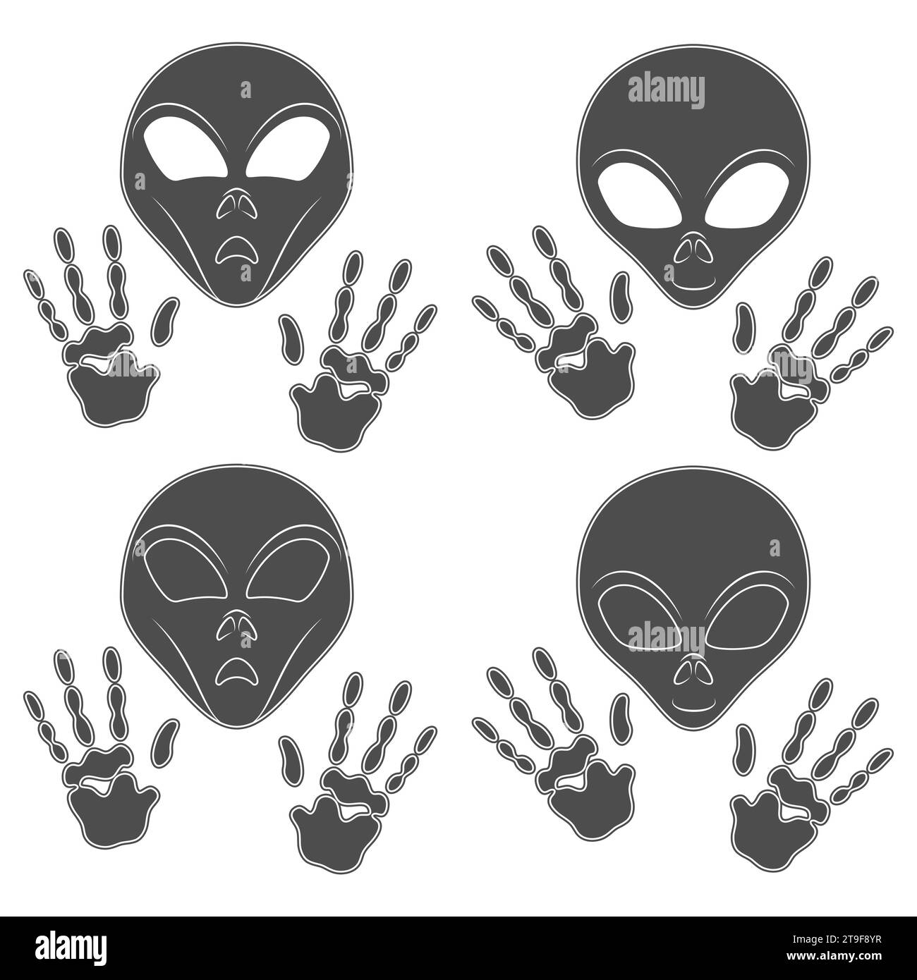 Set of black and white illustration with alien face and hands. Isolated ...