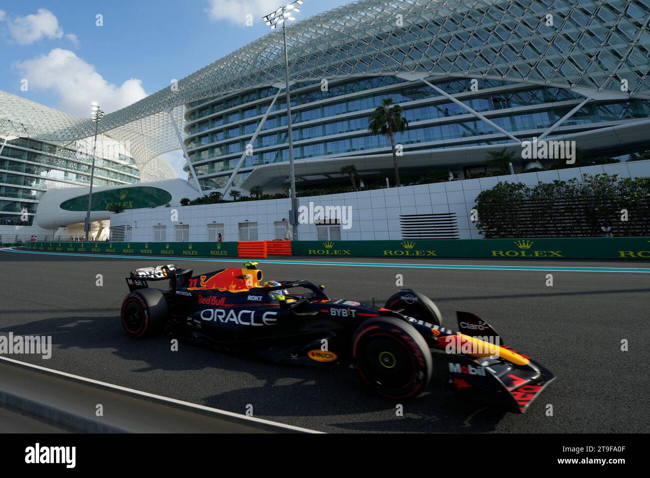 Red Bull driver Sergio Perez of Mexico steers his car during the third practice ahead of the Abu ...