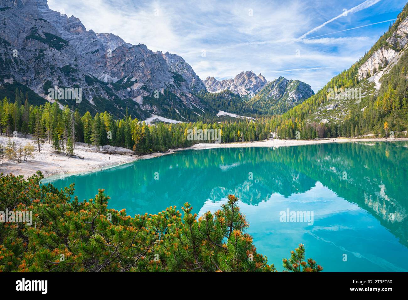 Striking view of a blue colored lake in Italy's Dolomites Stock Photo ...