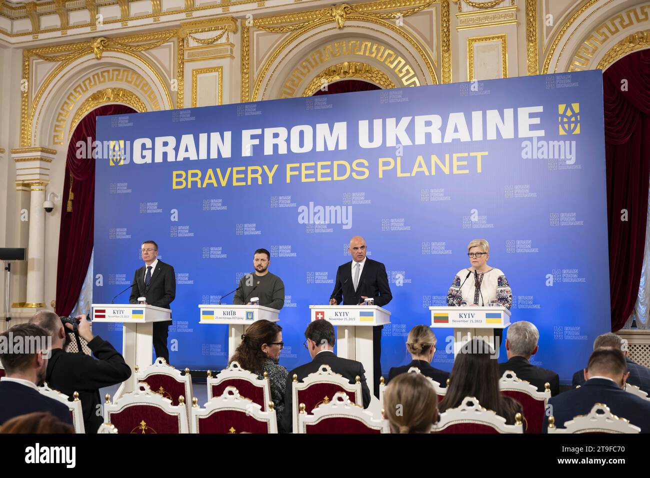 From left, Edgars Rinkevics, President of Latvia, Volodymyr Zelenskyy ...