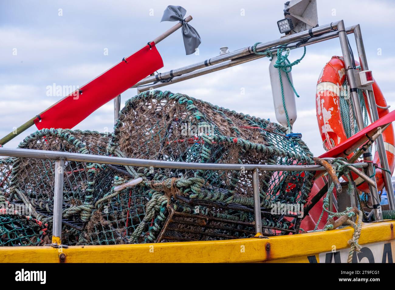 Cromer, Norfolk, UK – November 6 2023. Close up of crab pots, lobster ...