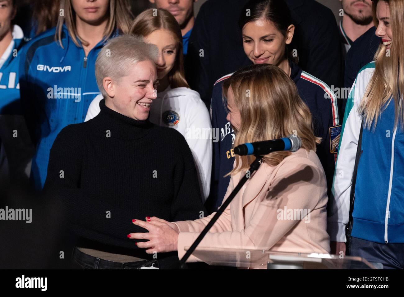Rome, RM, Italy. 25th Nov, 2023. Prime Minister Giorgia Meloni and Bebe ...