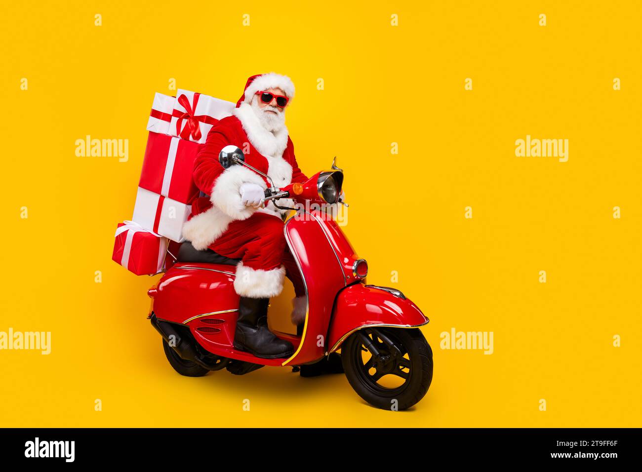 Full length photo of riding moped saint nicholas courier express new ...