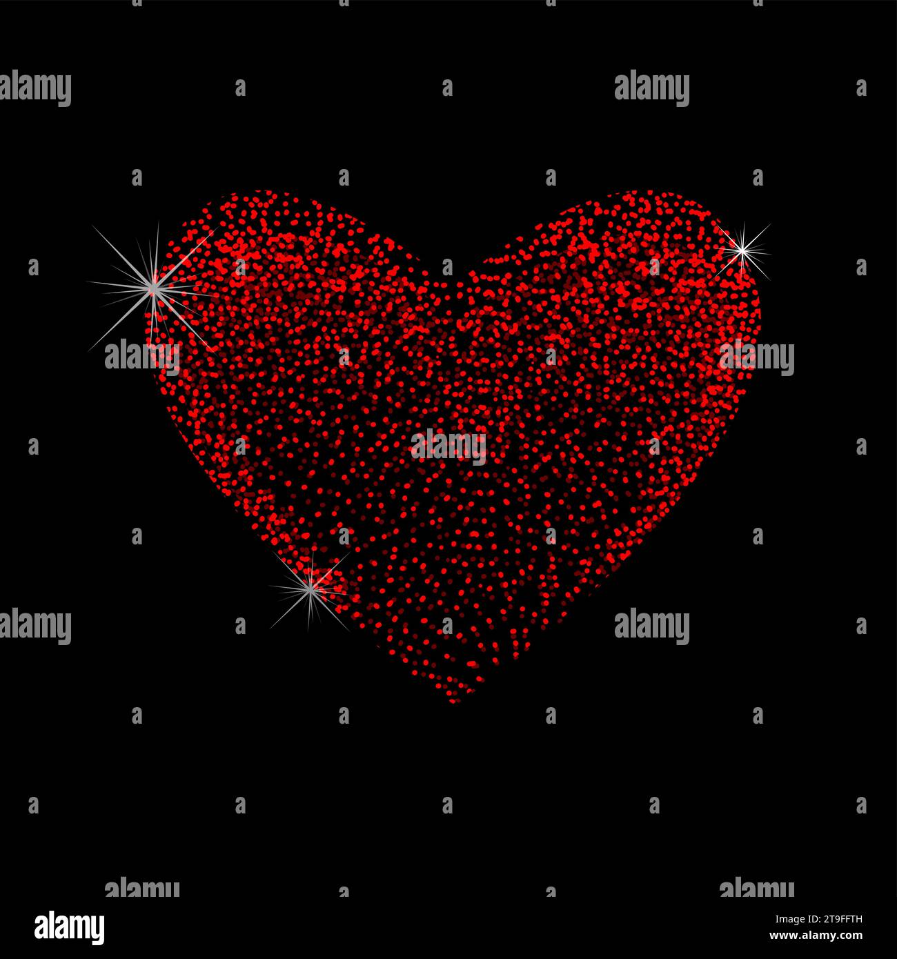 Red shining heart made of dots on a black background. hand drawing ...