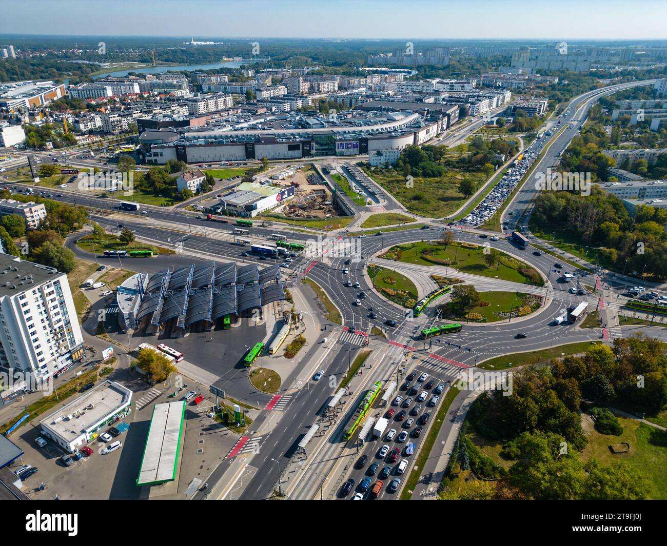 Aerial landscape of Rataje roundabout, bus depot and shopping mall ...