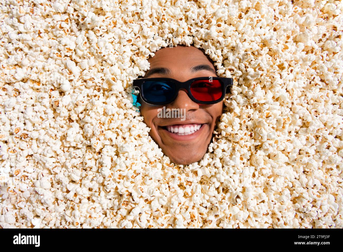 Top view photo of crazy funky guy in full pop corn snack wear 3d ...