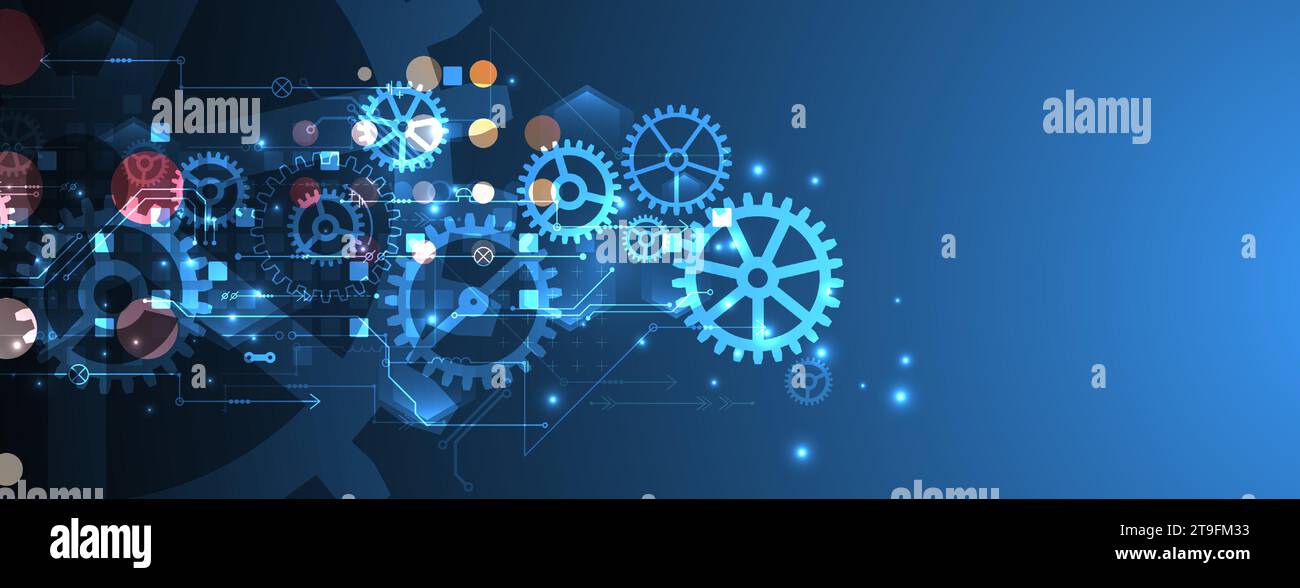 Gear wheel technology pattern on blue gradient background. Hand drawn ...