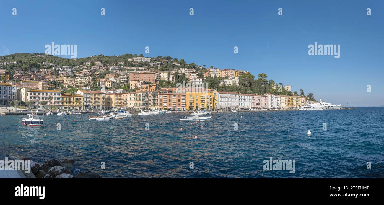 PORTO SANTO STEFANO,2023 oct 04: panoramic cityscape with old harbor ...