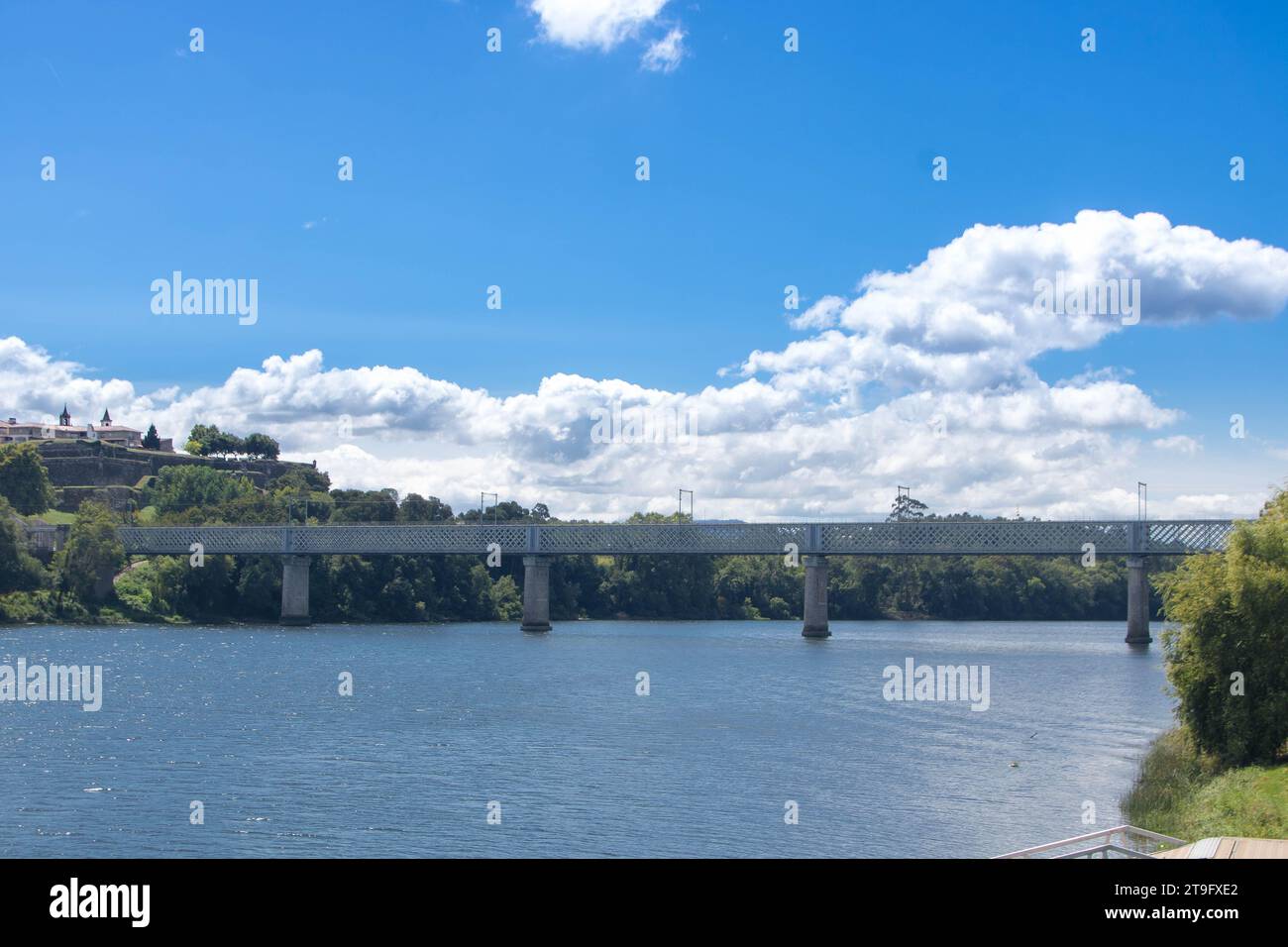 Landscape of river Minho at Tui in Galicia and the iron bridge to the ...