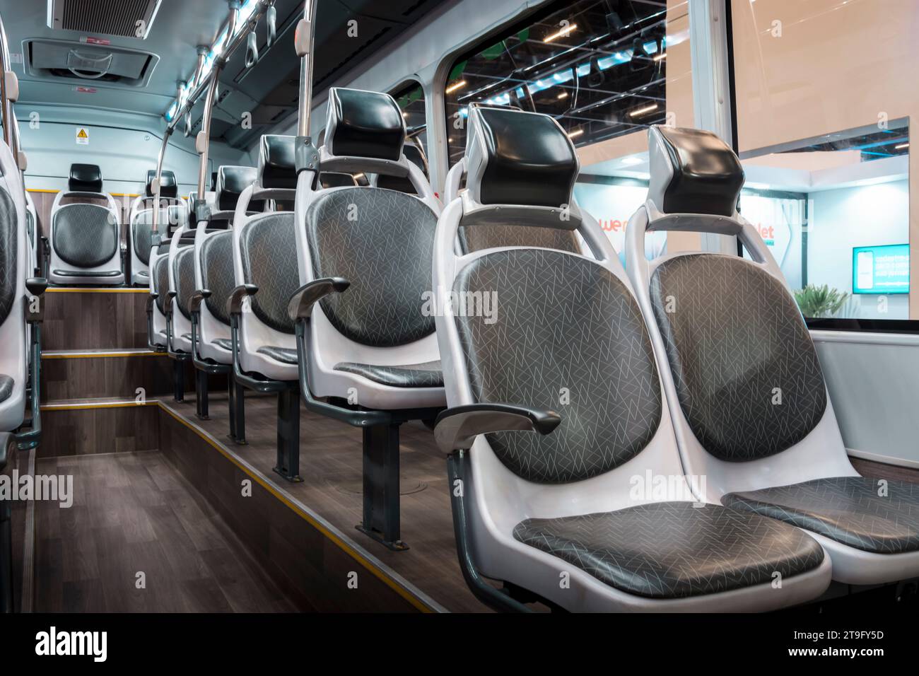 Interior of a bus on display at the public transport exhibition LAT.BUS ...