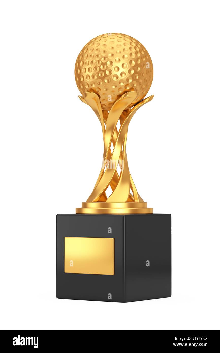 Golden Award Trophy with Golden Golf Ball on a white background. 3d ...
