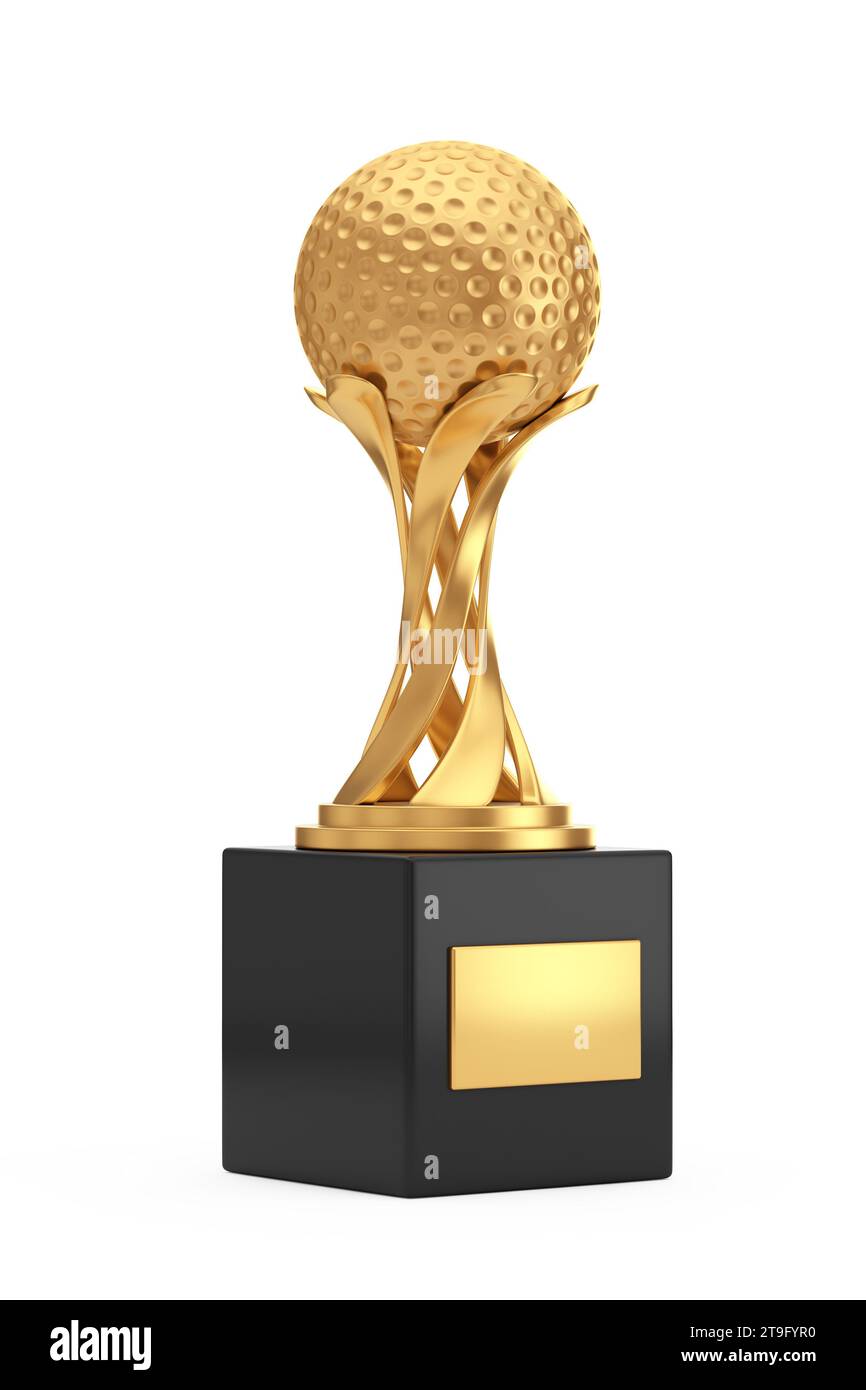 Golden Award Trophy with Golden Golf Ball on a white background. 3d ...