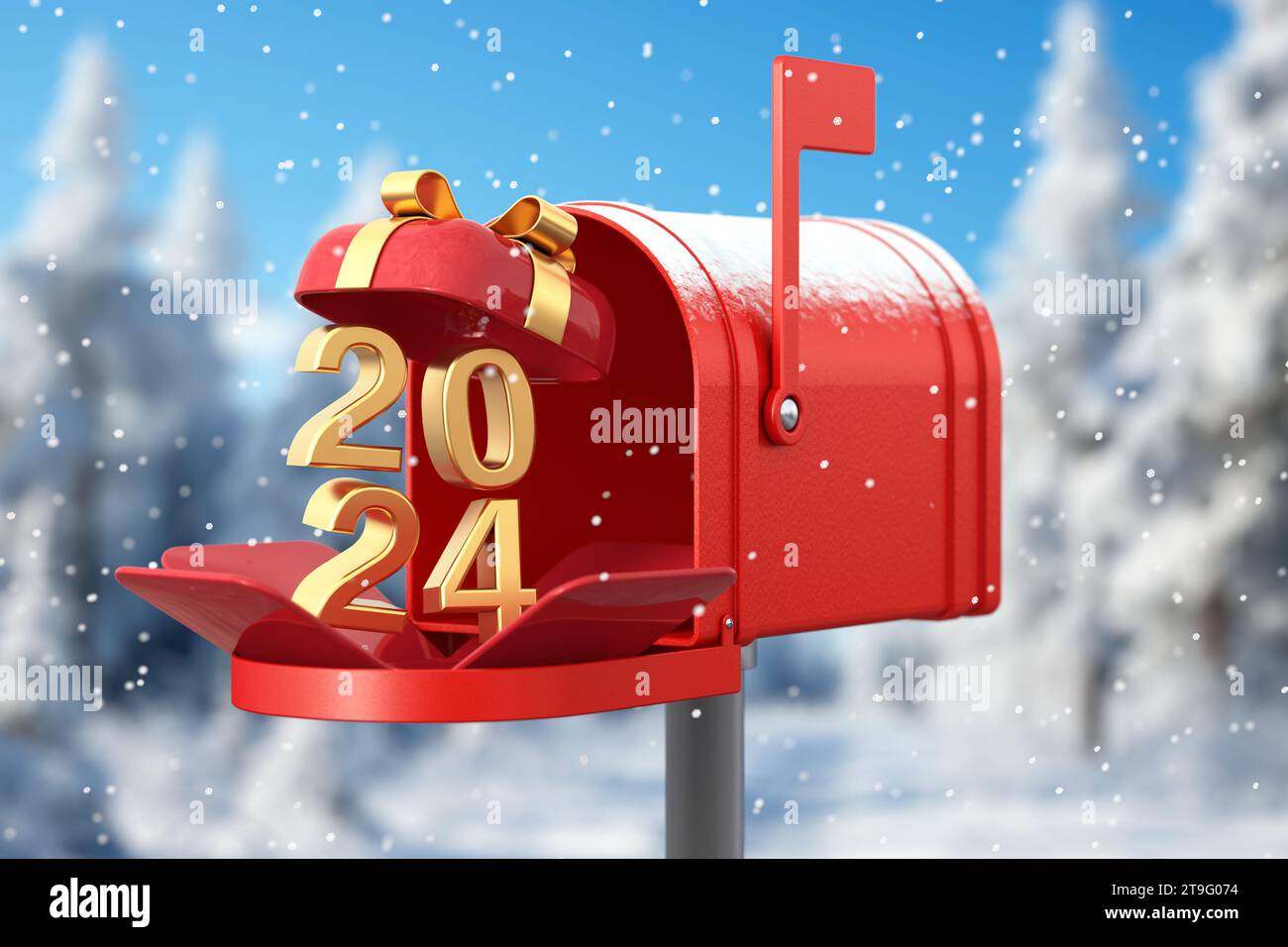 Red Happy New Year 2024 Sign in Gift Box with Christmas Mailbox or ...