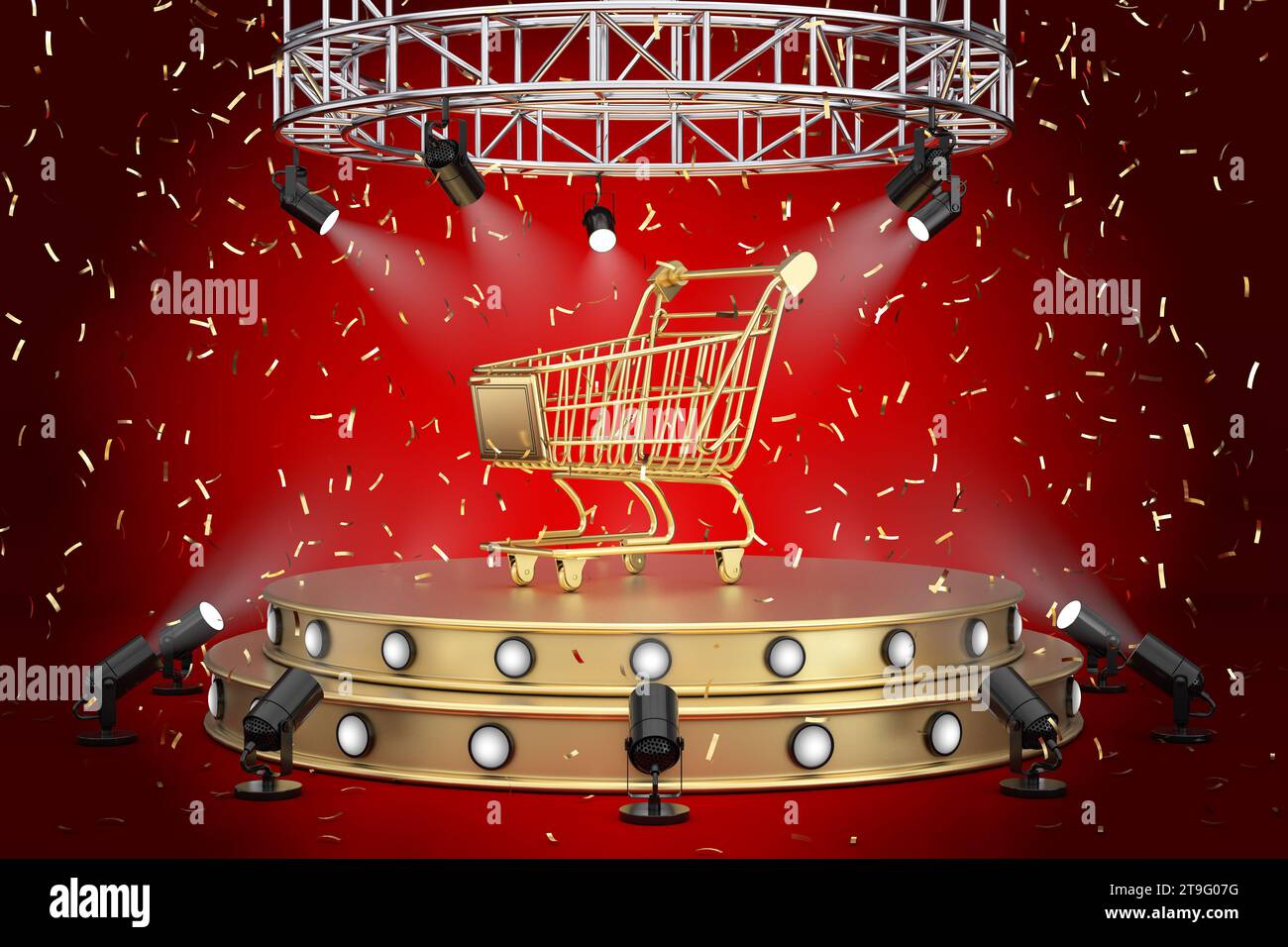 Golden Shopping Cart Trolley on a Golden Product Presentation Podium ...