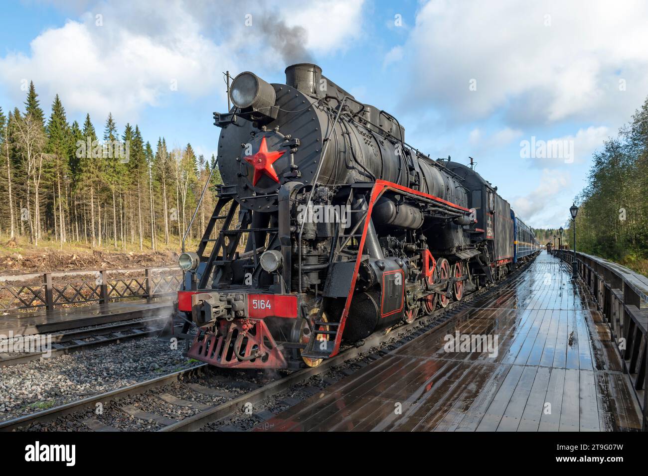 RUSKEALA, RUSSIA - OCTOBER 06, 2023: Soviet old steam locomotive L-5164 ...