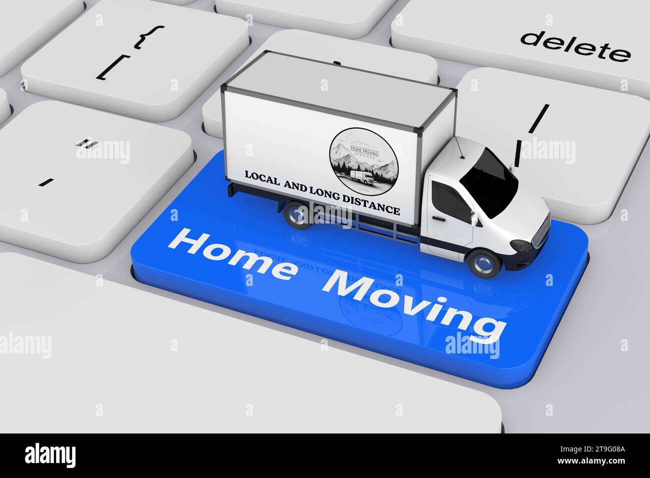 Home Moving Services Concept. Home Moving Van over Computer Keyboard ...