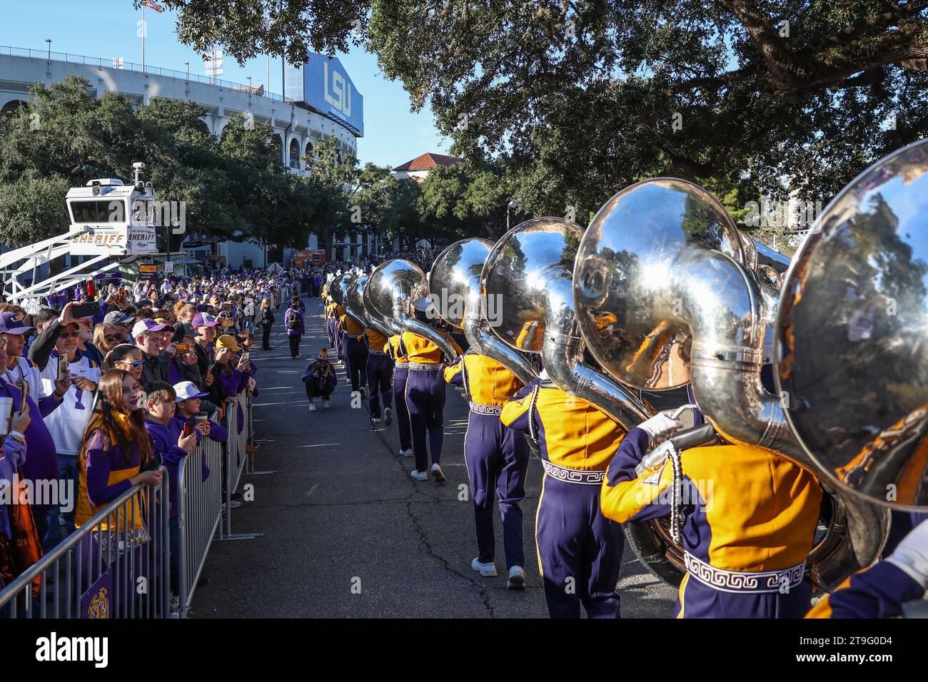 Baton Rouge, LA, USA. 25th Nov, 2023. The LSU band marches down Victory ...
